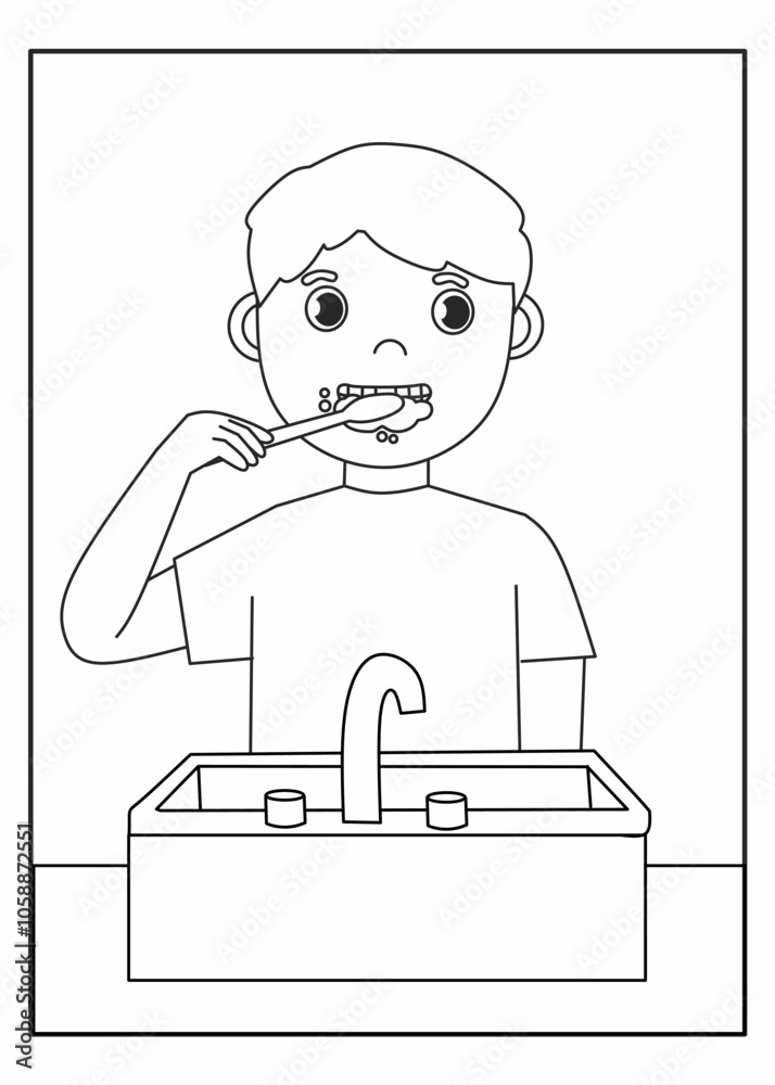 Girl brushing teeth coloring page, kids daily routine coloring activity ...