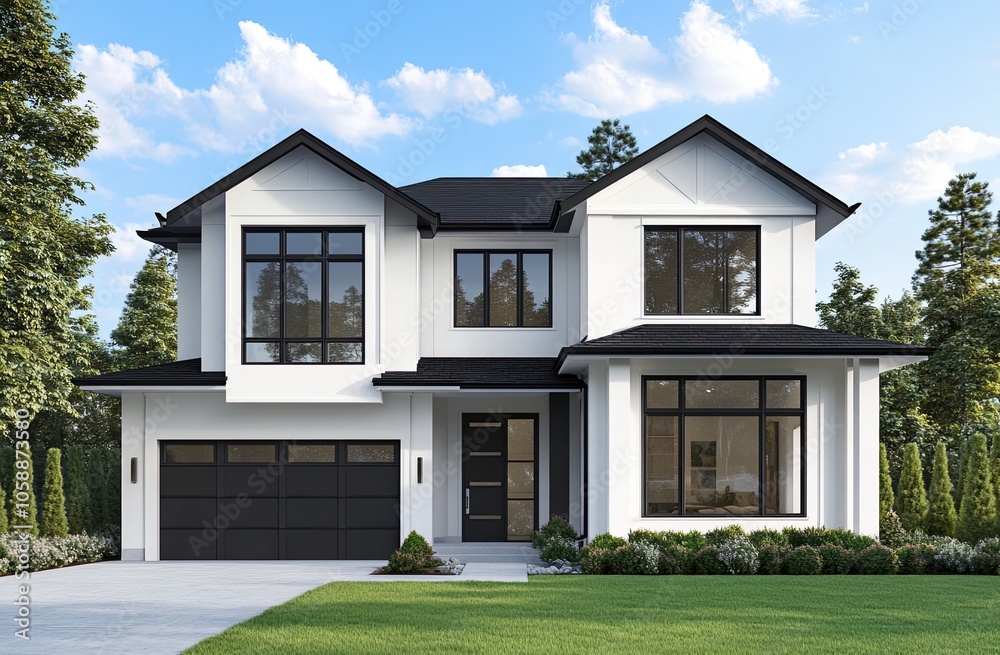 the front view of an almost new modern two-story white house with black ...