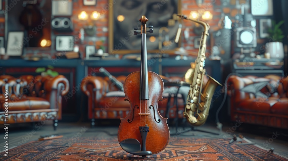 Beautiful violin standing leaning on royal musical instruments ...