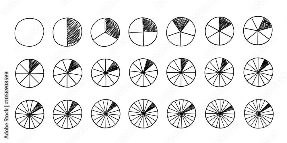 Hand drawn circular chart, pie or pizza slice. Wheel division into ...