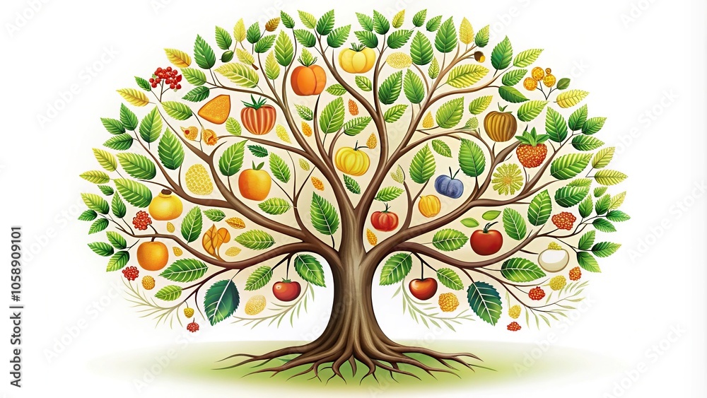 Tree of life with symbolic leaves and fruits representing different ...