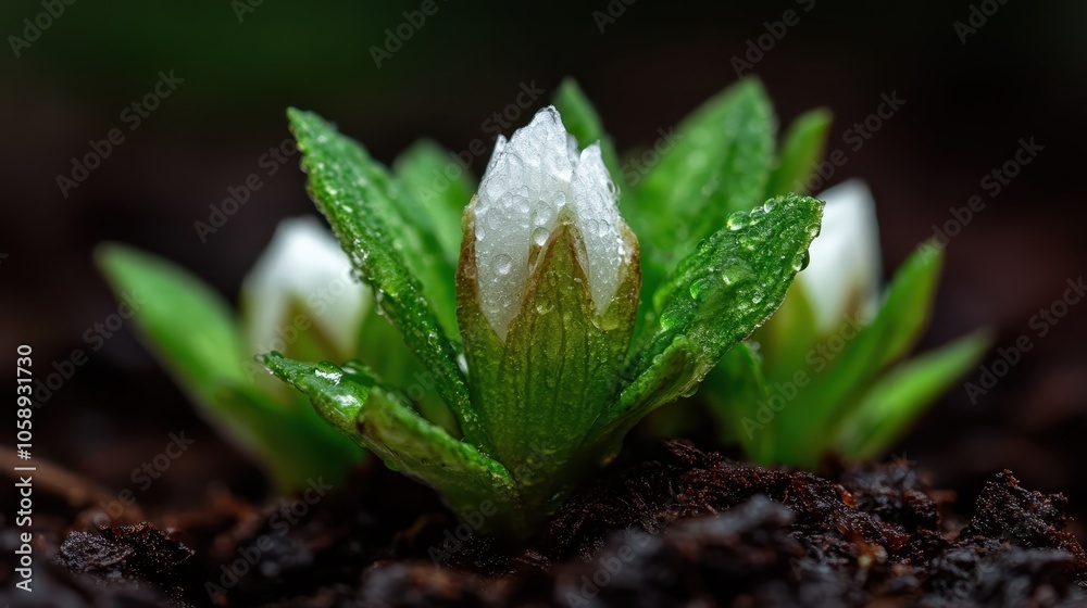 Early growth of dew-covered flower buds sprouting vibrantly from rich ...