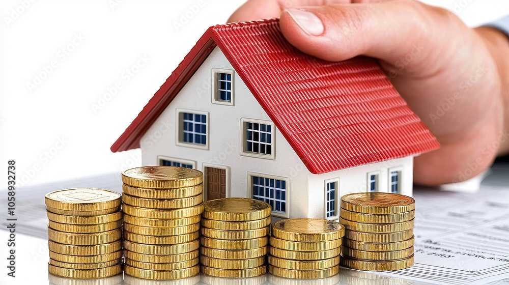 hand placing house model on top of stacked coins, symbolizing ...