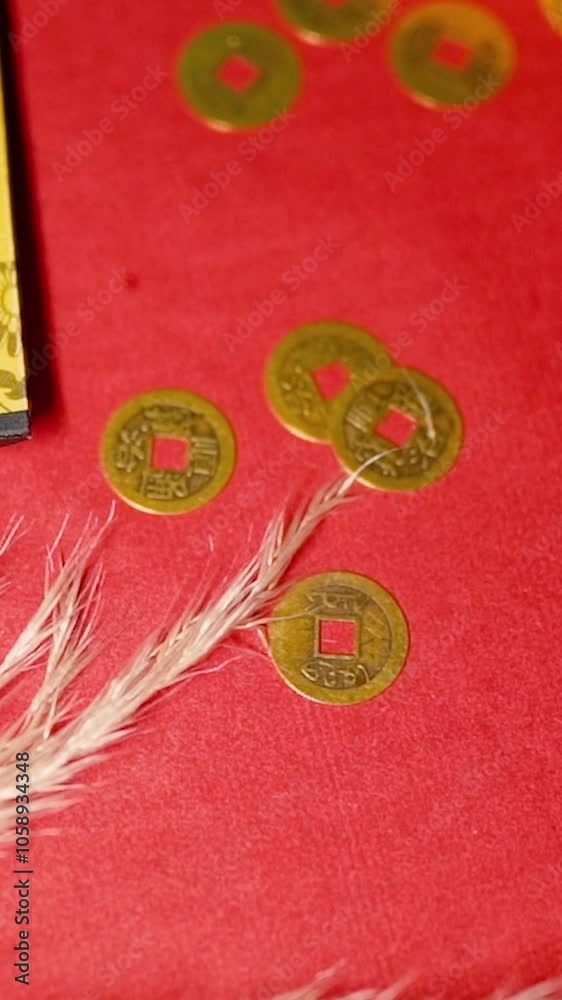 East Asian culture and finance of ancient China. Gold coins on the table with hieroglyphs and ...