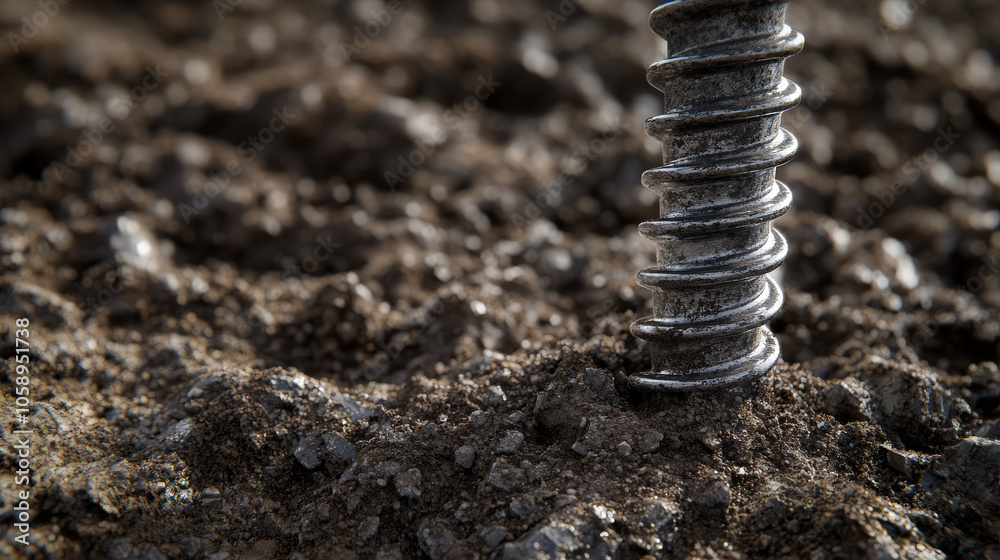 detailed screw pile structure, metal screw threads highlighted with ...