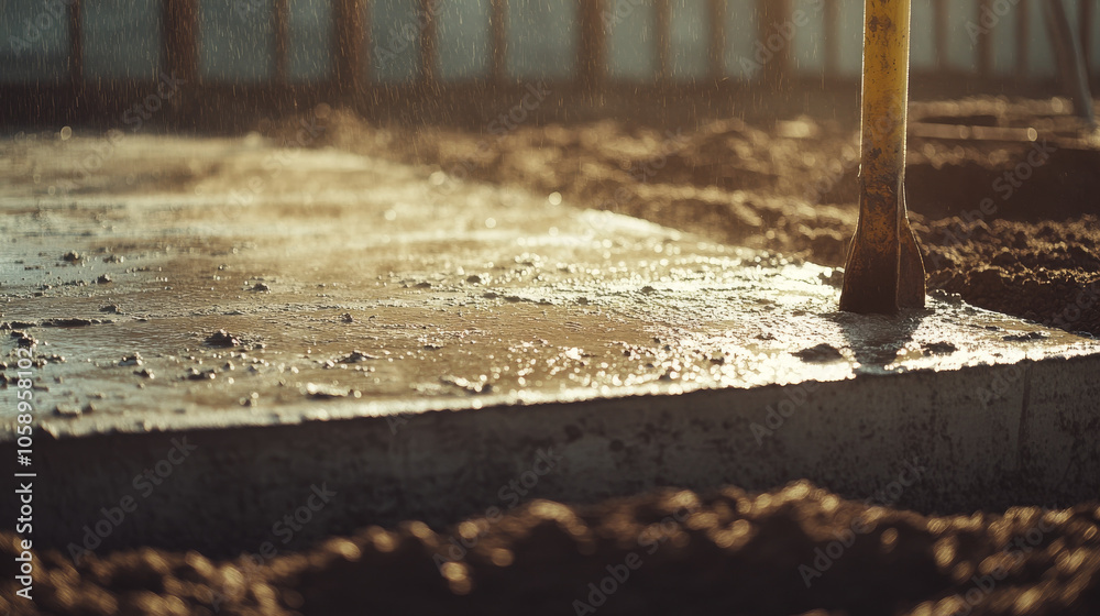concrete being poured and vibrated in a monolithic slab foundation, wet ...