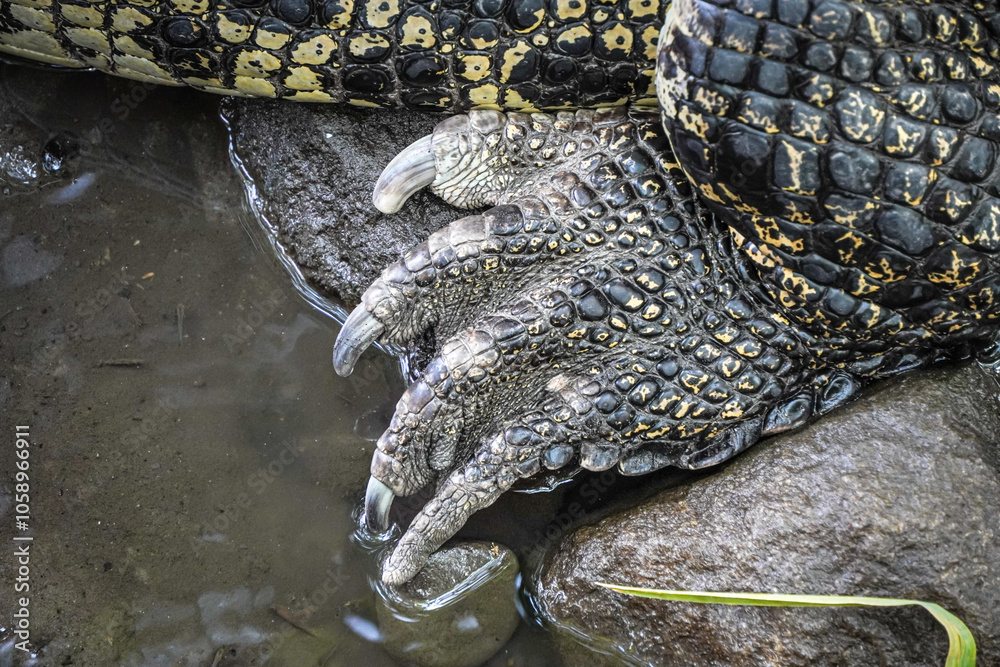 Close-up photo of The saltwater crocodile (Crocodylus porosus) rear leg ...
