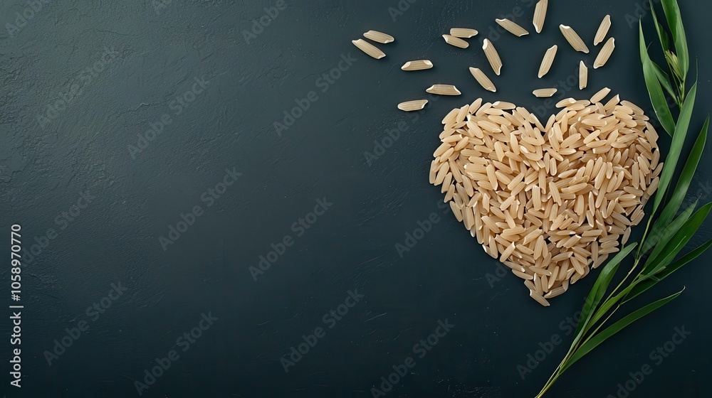 Artistic rice grains arranged in a heart shape on a dark background ...