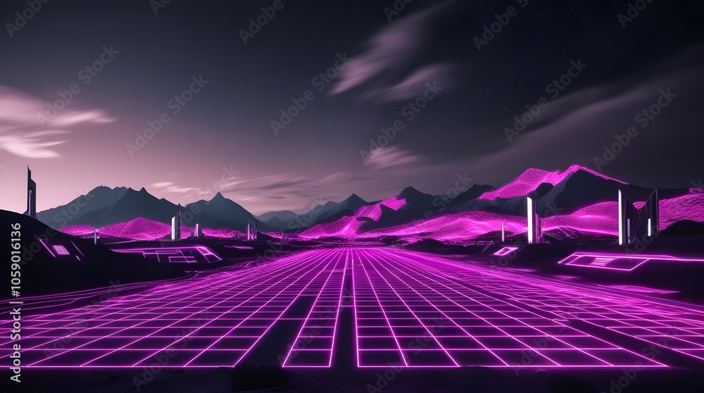 high-contrast professional photograph of a Retro Sci-Fi Grid Landscape ...