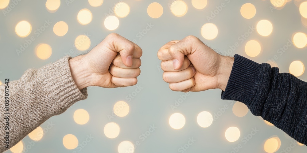 Two fists bumping together against a festive background with bokeh ...