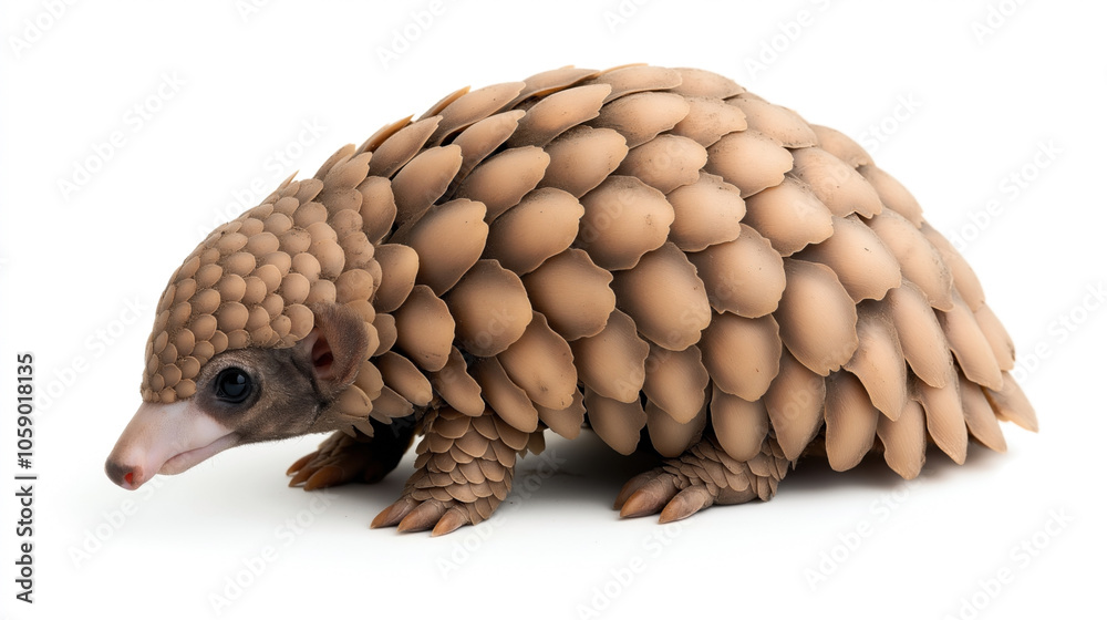 Close-up side view of a pangolin with overlapping scales on a white ...