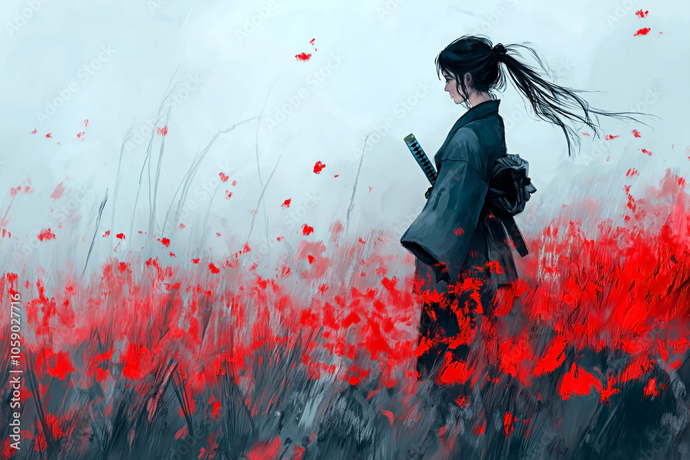 Female samurai standing in red field of flowers with focused gaze ...