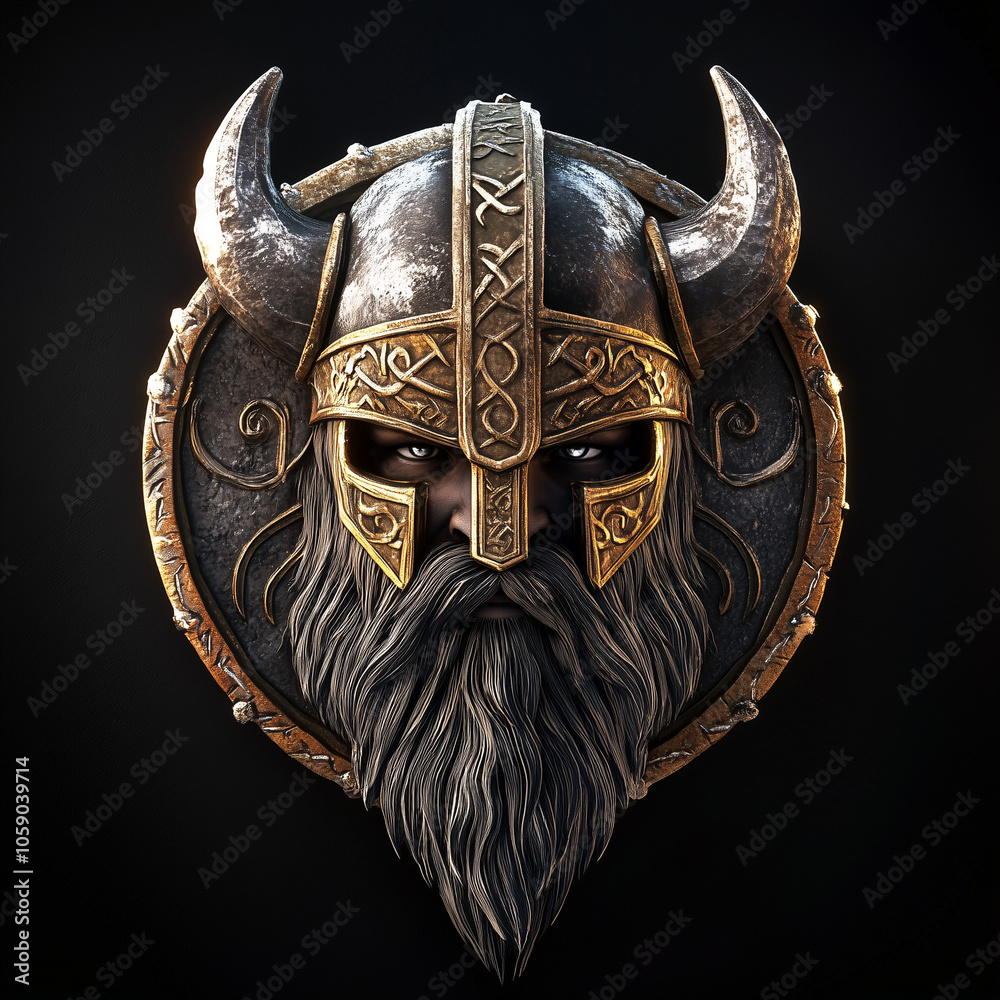 Logo featuring a Viking with a golden horned helmet and a beard ...