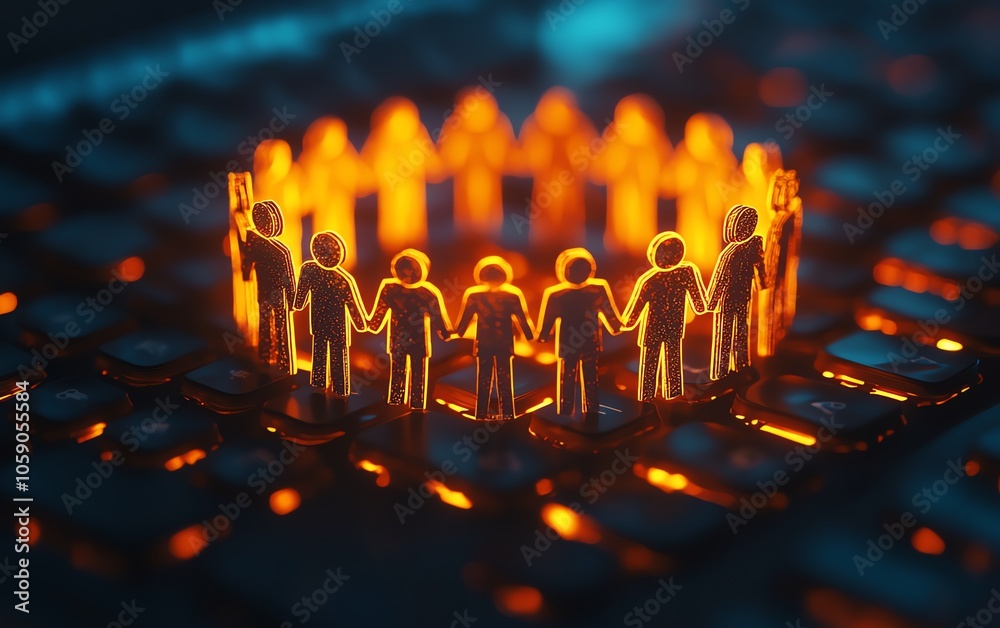 Group of papercut humans standing together in a circle on a brightly ...