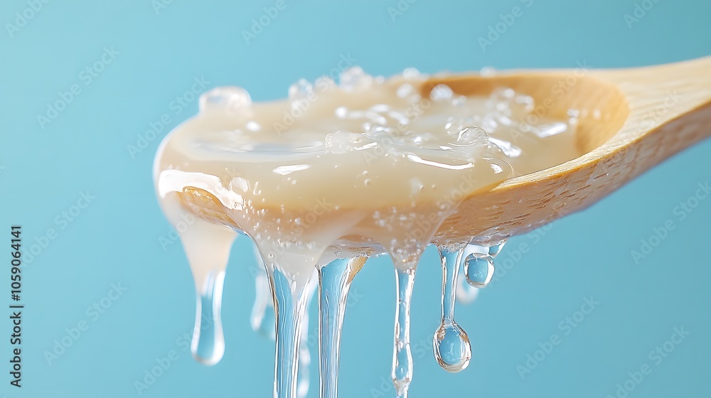White glue dripping from wooden spoon, viscous liquid texture ...