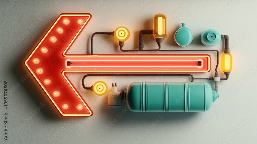 Neon sign with red arrow design showing industrial piping and gauges ...