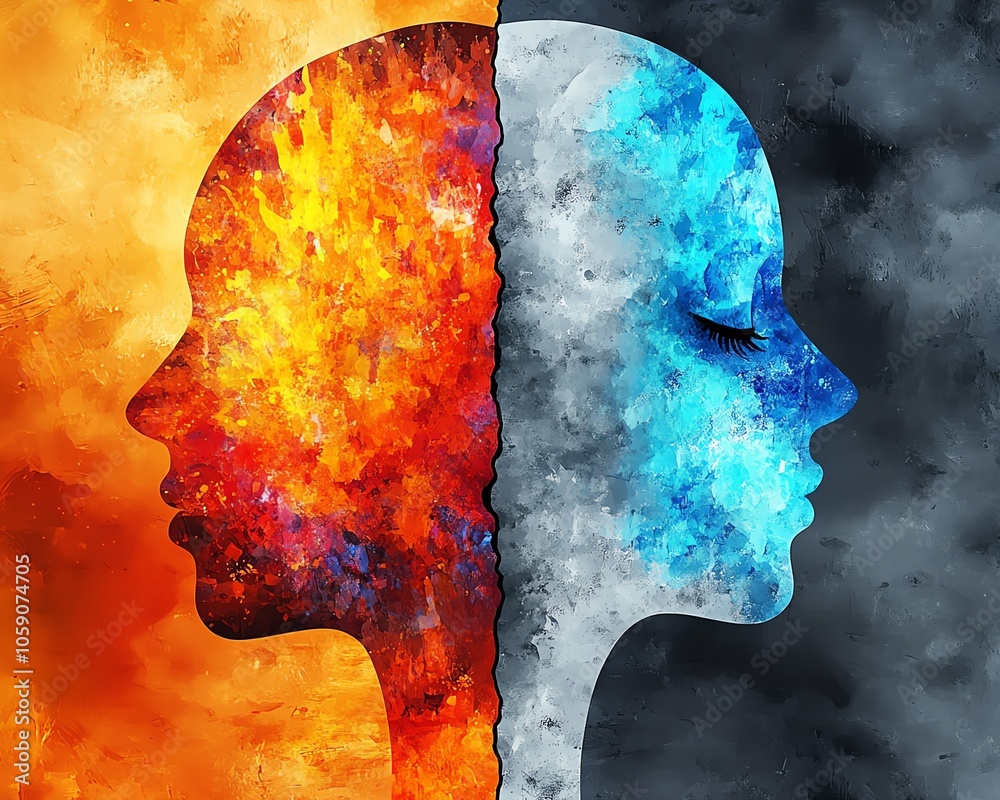 Dynamic image of a mind split in half, one side filled with colorful ...