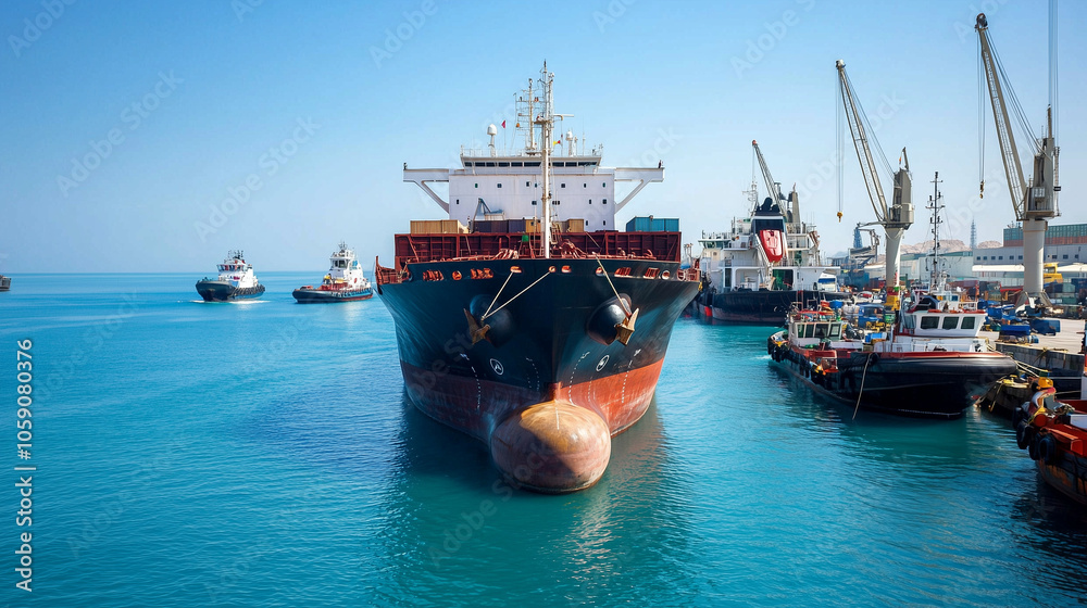 Cargo ship docked at a port surrounded by a fleet of smaller boats and ...