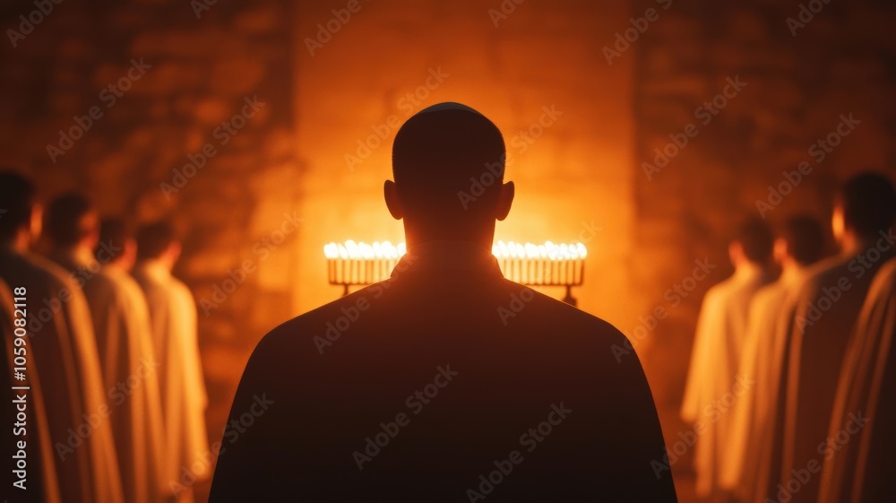 Dramatic scene of menorah lighting ceremony, highlighting ancient ...