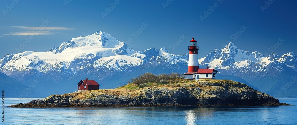 Photograph of a lighthouse on a small island in the sea, with snow ...