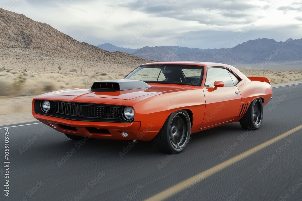Vintage muscle car with modern turbo upgrades on an open highway. foto ...