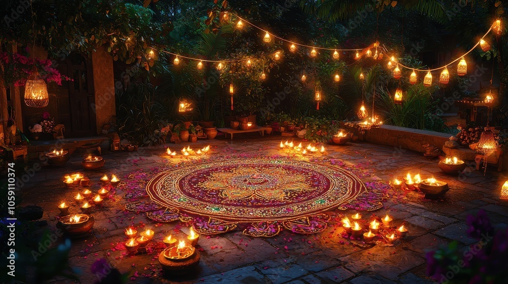 Outdoor Diwali setup with a large rangoli surrounded by lit diyas ...
