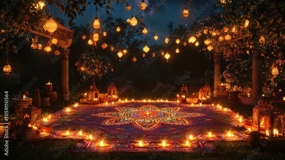 Outdoor Diwali setup with a large rangoli surrounded by lit diyas ...