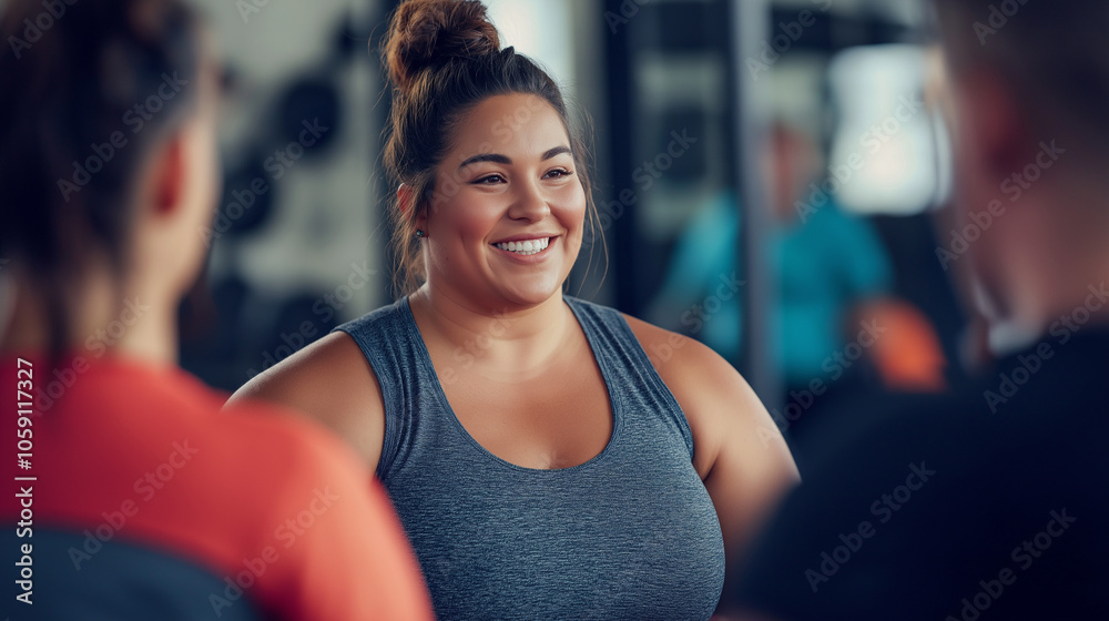 Smiling plus-size woman in a gray sports top during a group workout ...
