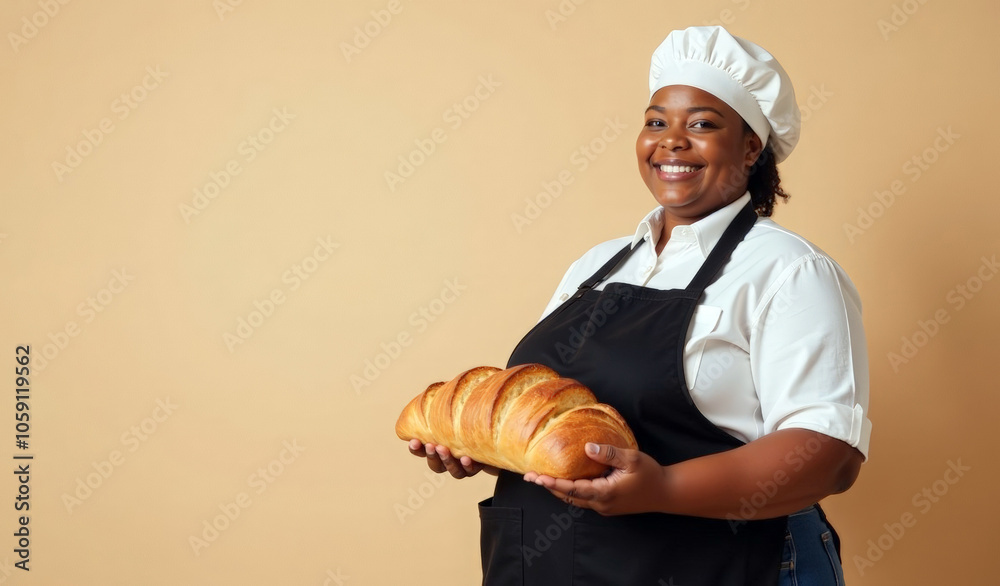 African american smiling curly plump woman baker in uniform, big fresh ...