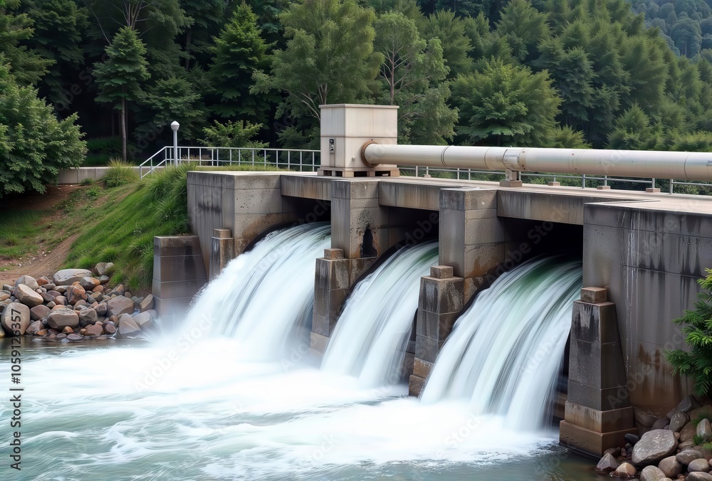 Triple Water Gates. Close-up of three concrete water gates releasing ...