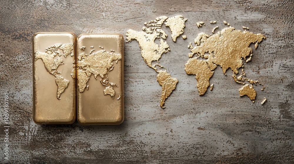 Gold bullion bars with faint overlay of global map, representing ...