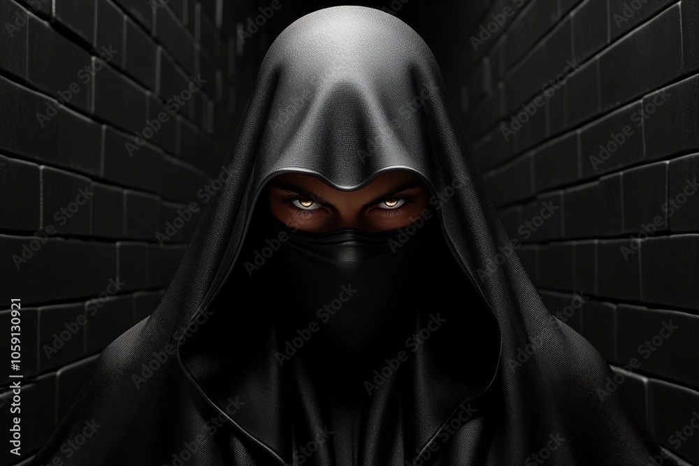 Assassin blending into a shadowy alley with dark clothing, only the ...