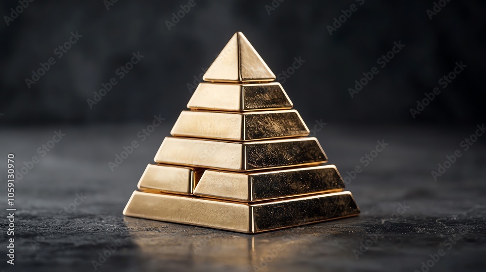 Gold bullion stacked in pyramid form, dark vignette background ...