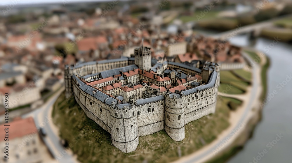 Miniature model of a medieval castle on a hill, surrounded by a moat ...