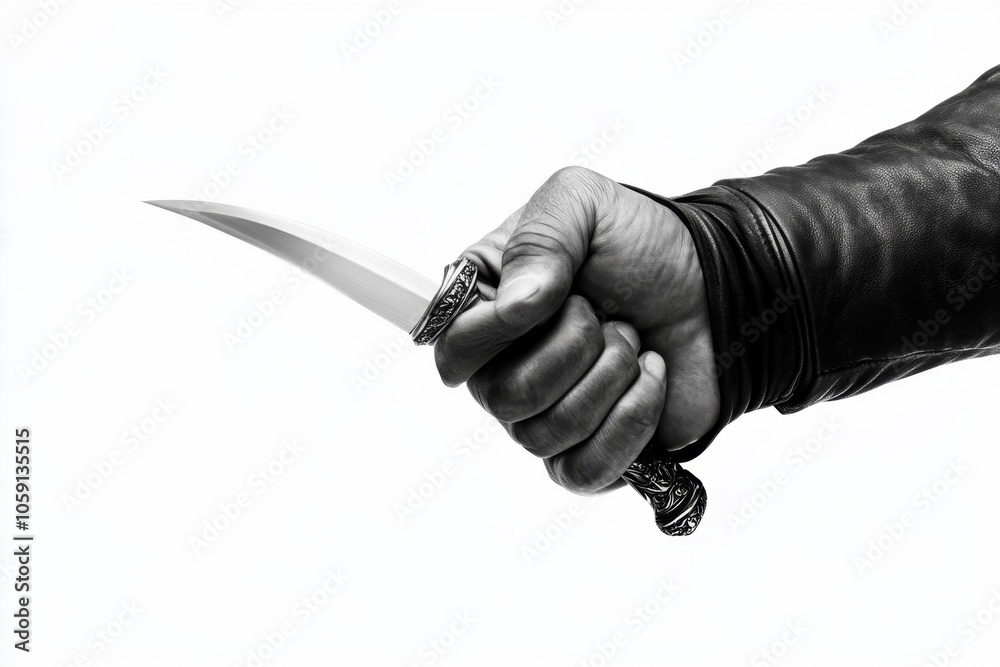 Flat 2D depiction of an assassinâ€™s hand on a sword handle on a white ...