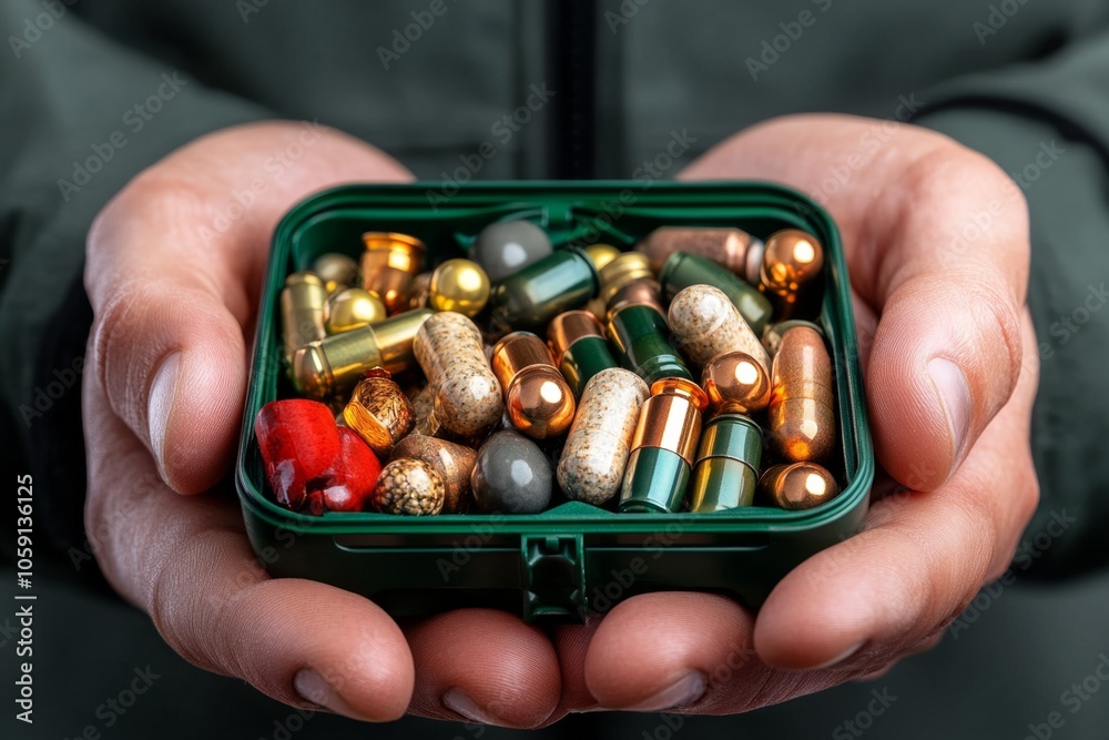 Hand arranging bullets in an ammunition box, capturing the organized ...
