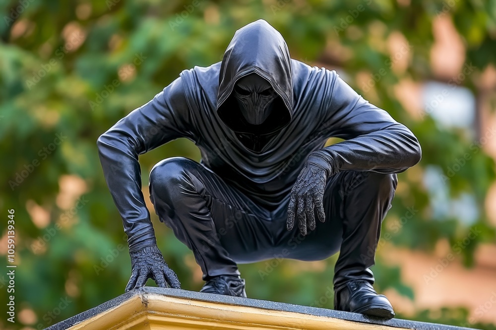Shadowy figure in a hooded cloak crouched on a building ledge, looking ...