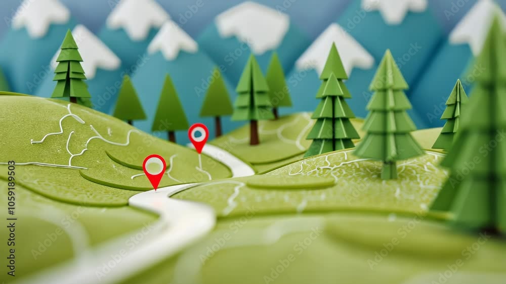 3D landscape model with green hills, pine trees, a winding white path ...