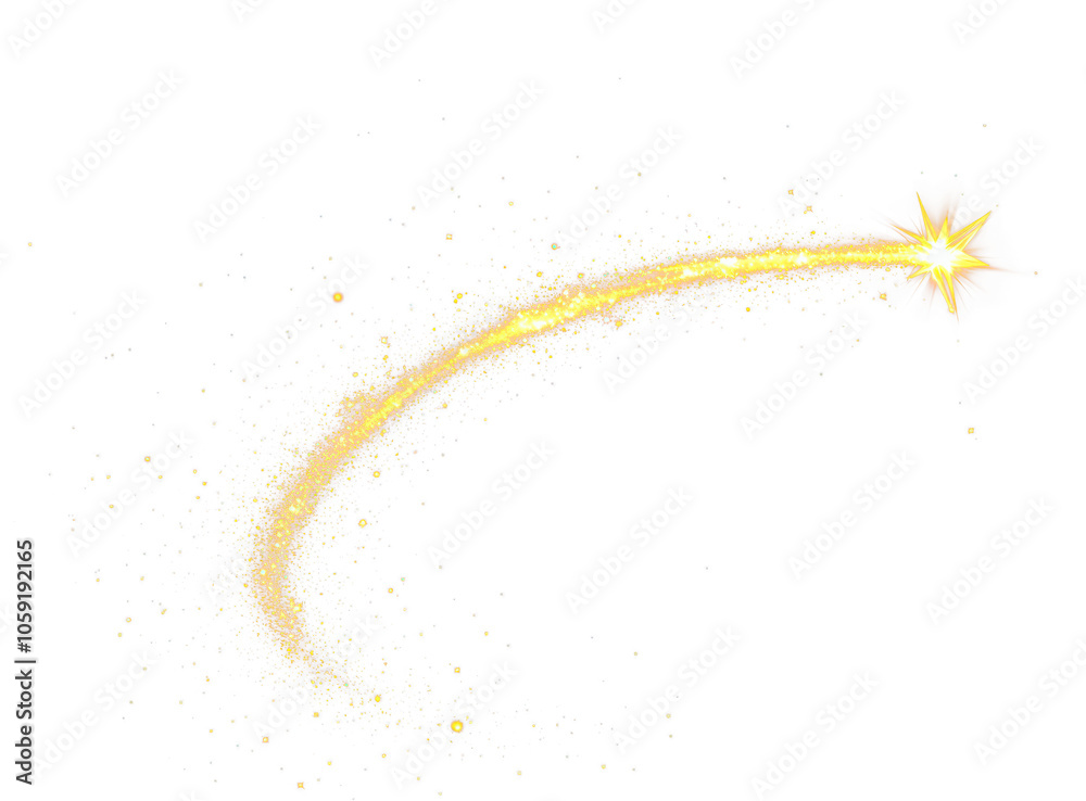 Golden shooting star streaks across a transparent background, leaving a trail of sparkling dust ...