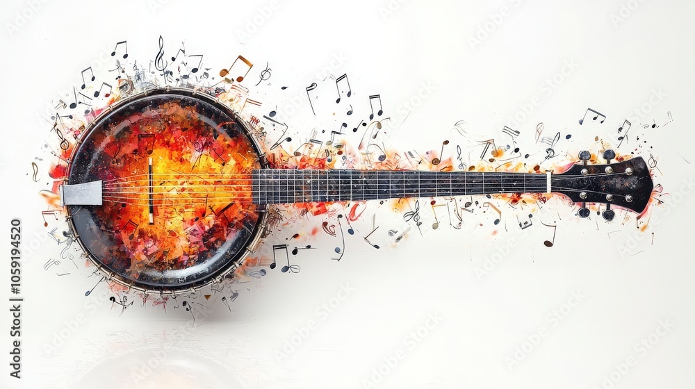 An enchanting image of a fiery banjo encircled by abstract musical ...