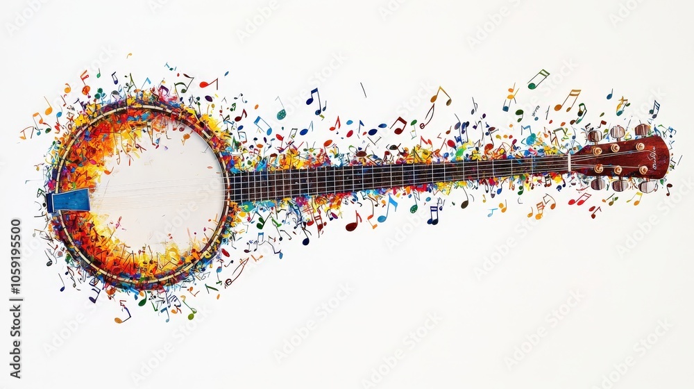 A vibrant banjo with a multitude of colorful musical notes bursting ...