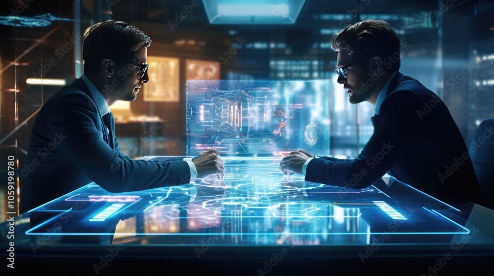 Visualize a futuristic business duel, where competitors use advanced ...
