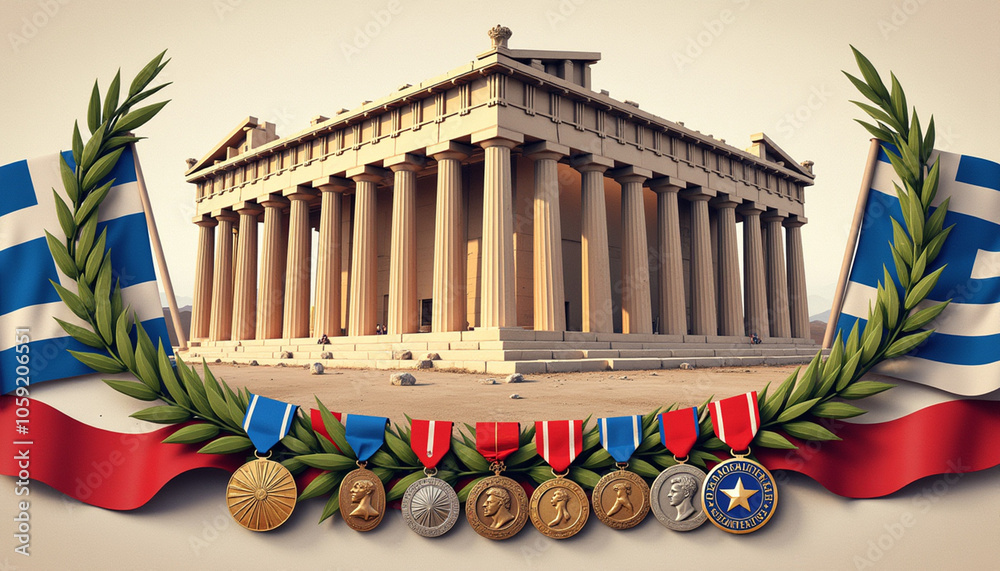 Parthenon with military symbols background, the iconic Parthenon ...