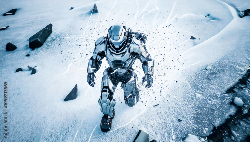 Astronaut, alien, robot in armored spacesuit in action on snowy planet ...