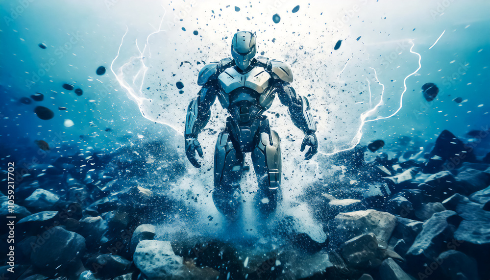 Astronaut, alien, robot in armored spacesuit in action underwater on ...
