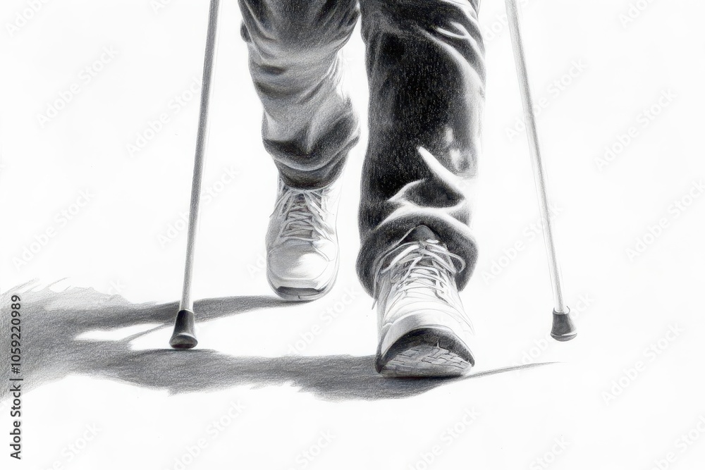Pencil drawing of a person with a white cane walking through a park ...