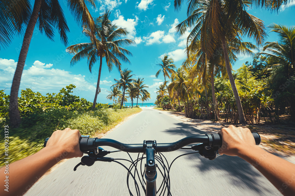 drivers point of view of driving bicycle between palm trees with copy ...