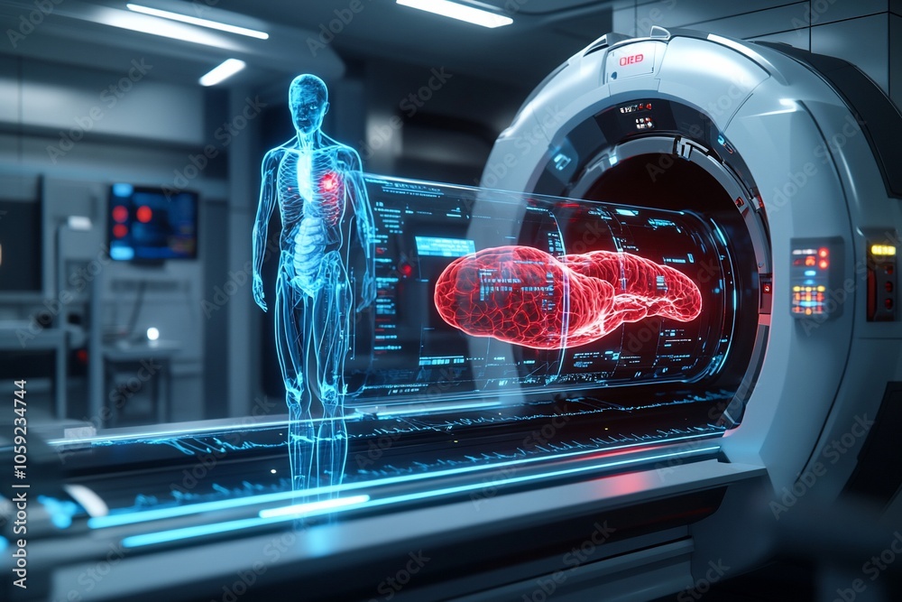 A futuristic medical scanner with a digital human model and a 3D scan ...