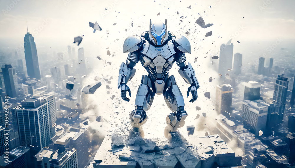 Alien attack on cities, alien, robot in armored space suit in action on ...