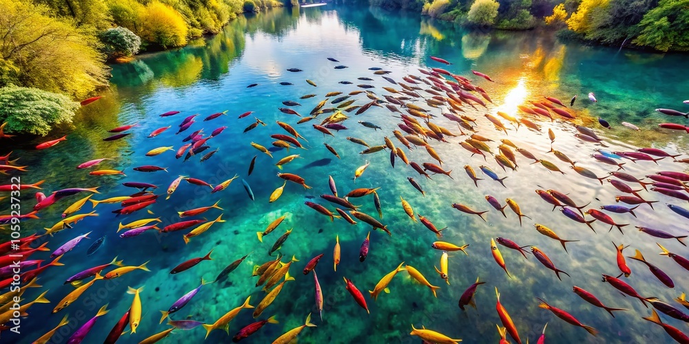 Aerial Photography of Vibrant Colored Silhouettes of Fish Swimming in a ...